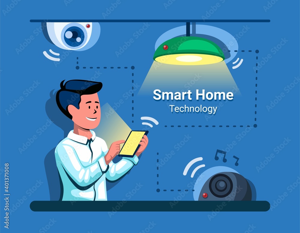 Smarthome techology. man control multi device using smartphone concept ...