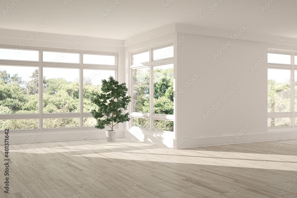 White empty room with summer landscape in window. Scandinavian interior ...