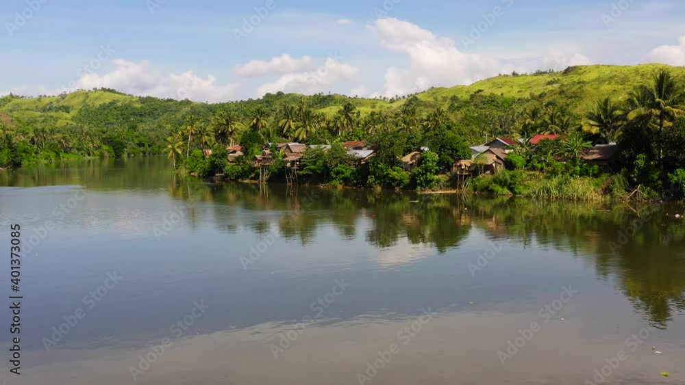 River and green hills. Beautiful natural scenery of river in southeast ...