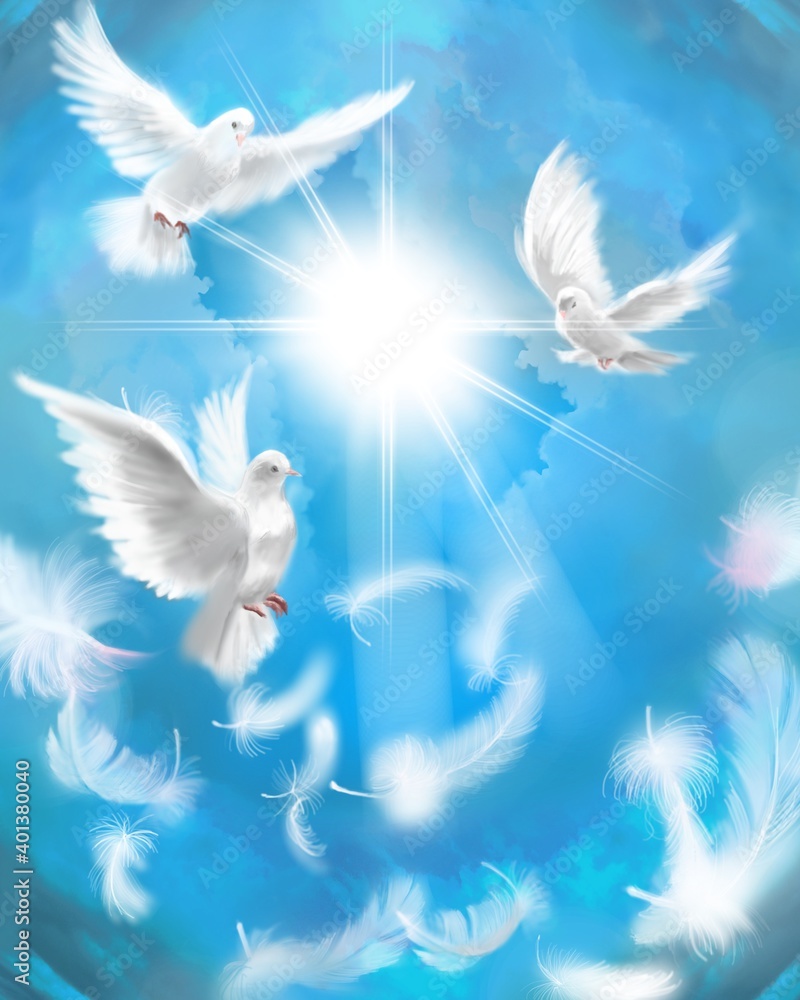The flying three white doves around clouds leading to shining heaven ...
