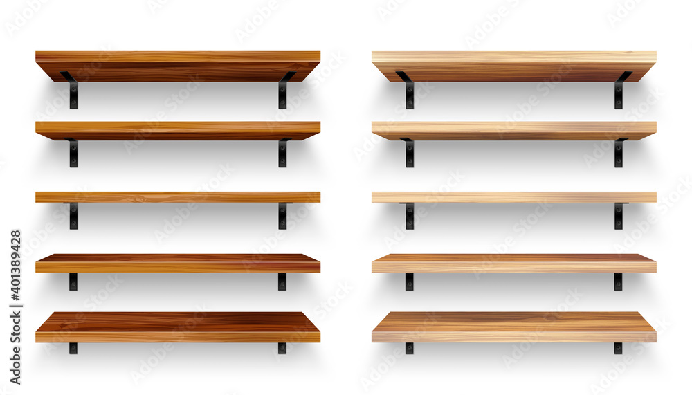 Realistic empty wooden store shelves set. Product shelf with wood ...