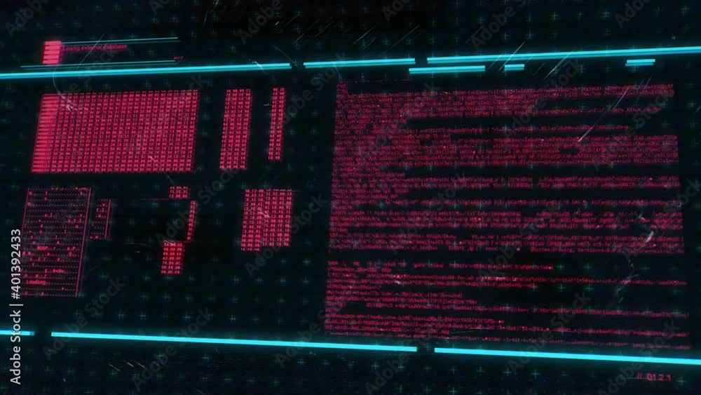 Futuristic terminal display with random code and text (loading screen ...