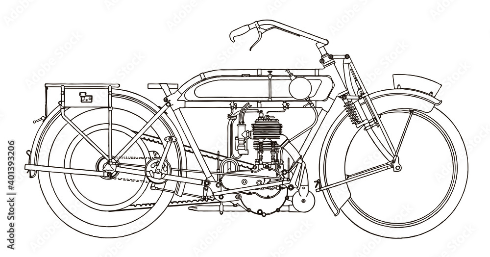 Outline drawing of veteran English single cylinder motorcycle Stock ...