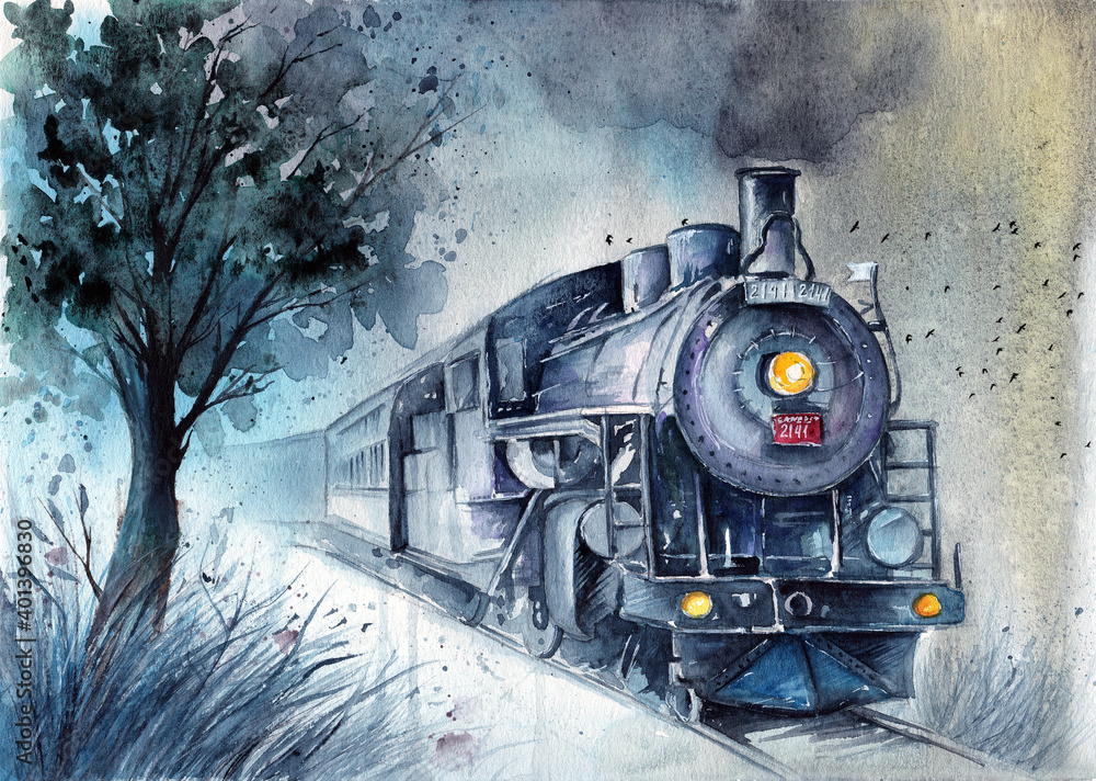 Watercolor illustration of a steam locomotive in gray-green colors ...