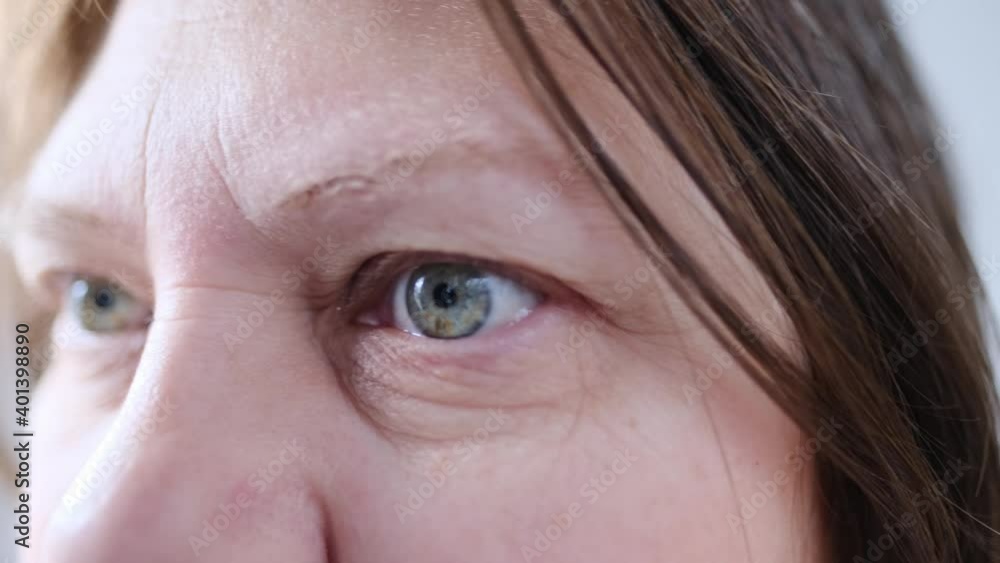 gray eye with spots on iris, wrinkles on eyelids close up, human vision ...