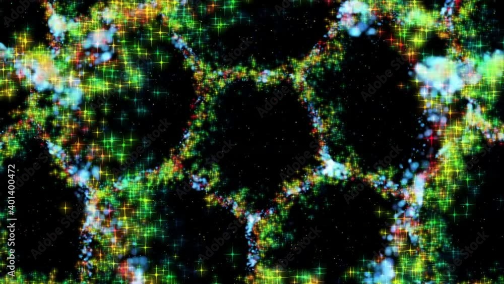 Multi-colored flying stars formed pentagonal shapes connected to each ...