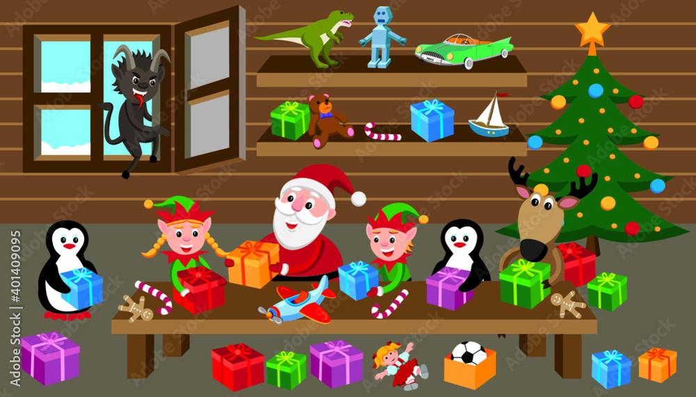 cartoon style vector illustration of santa's workshop Stock Vector ...