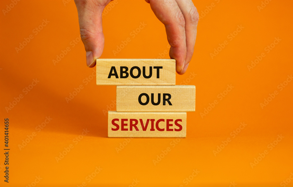 About our services symbol. Wooden blocks tower with words 'about our ...