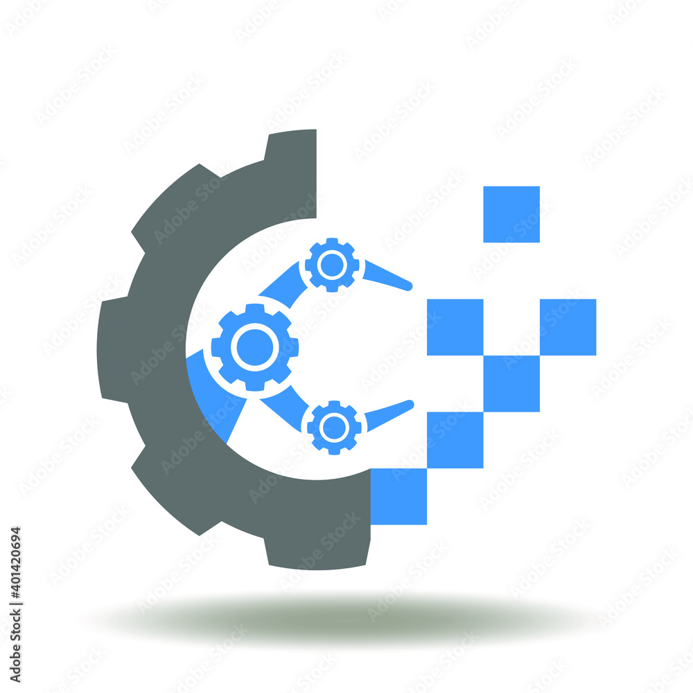 Transformed cog wheel in cubes with robotic arm vector icon. Digital ...