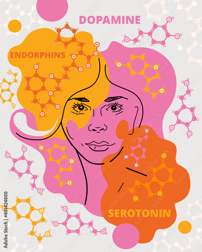 Female face and of the structures of neurotransmitters, serotonin ...