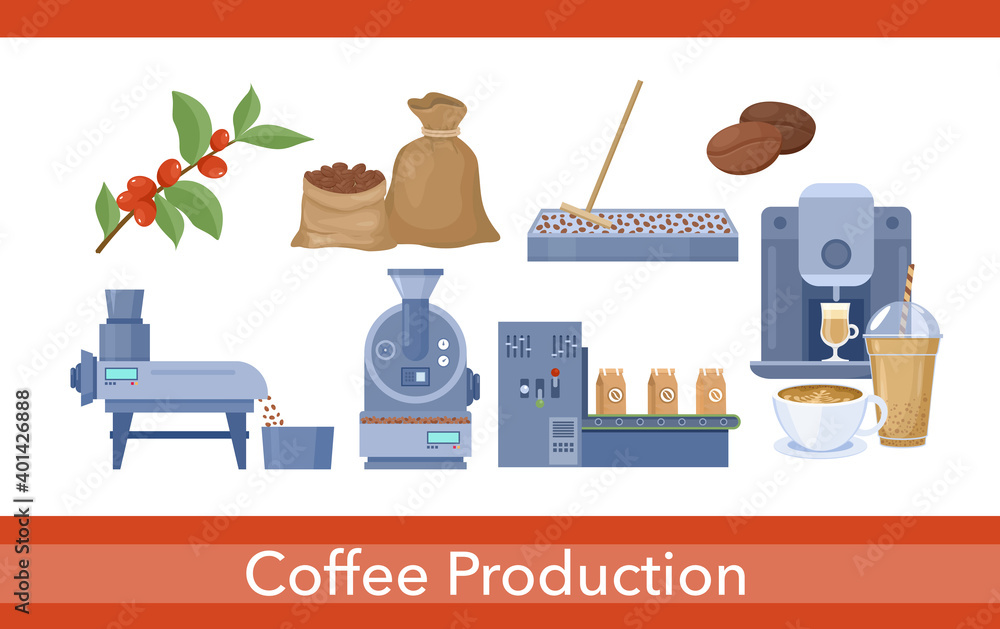 Coffee production set, cartoon process of picking harvesting, drying ...