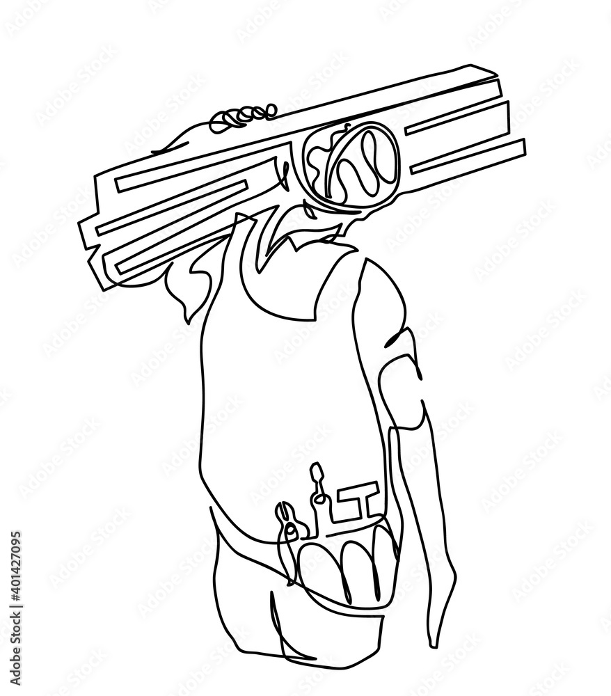 One continuous line drawing of female worker carrying wood. One line ...