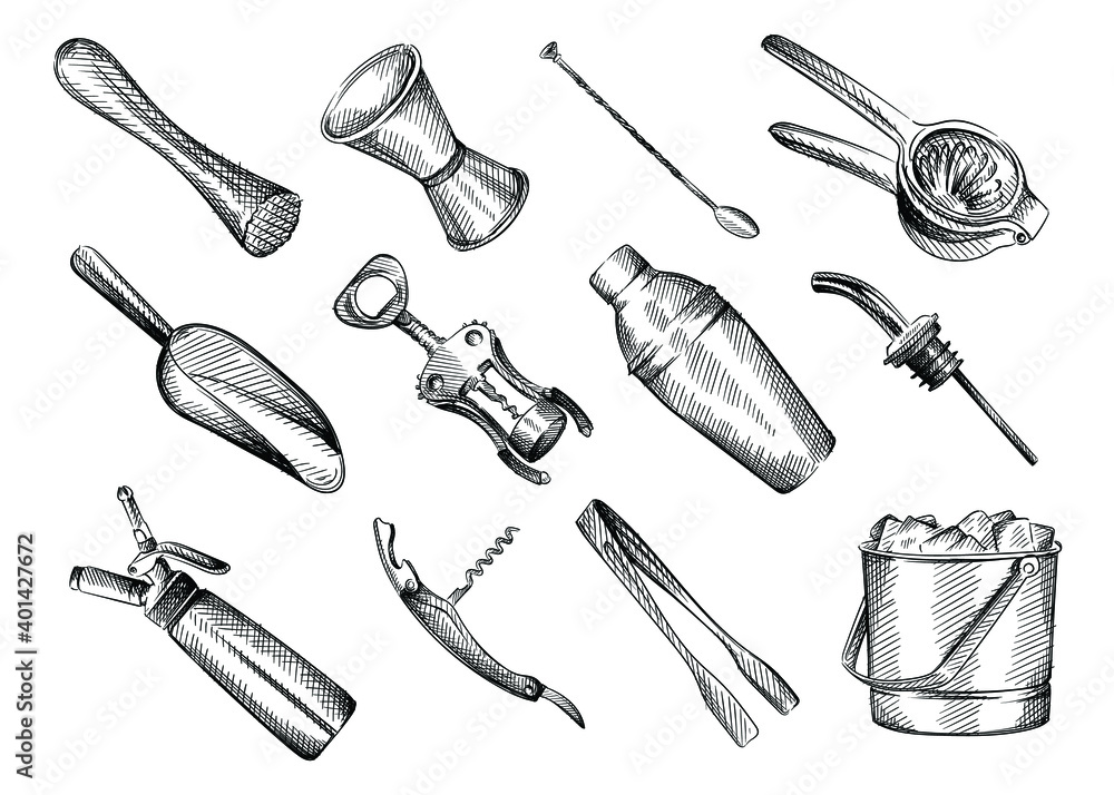 Hand drawn Black and white sketch set of Bar inventory. Muddler; jigger ...