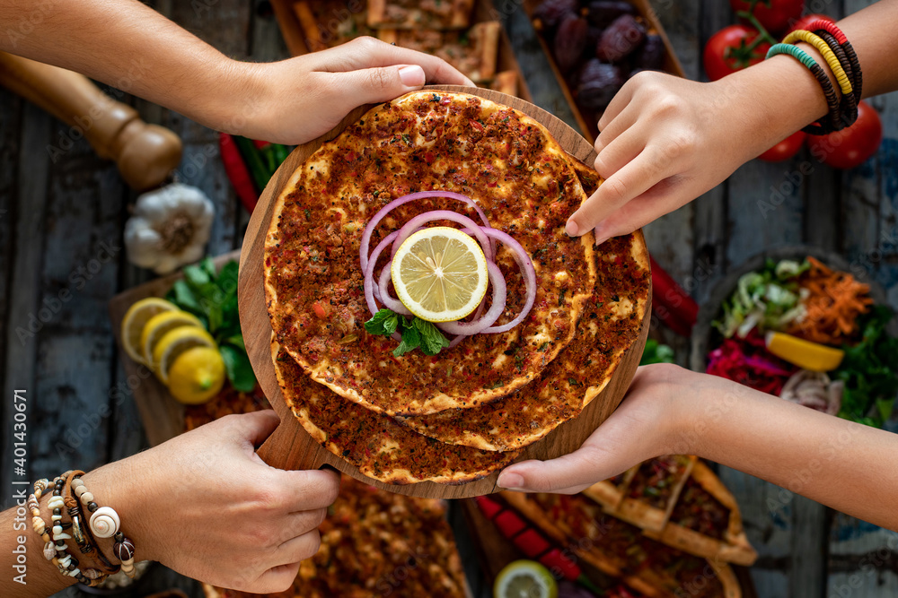 Traditional Turkish food, lahmacun and kiymali and kusbasili pide ...