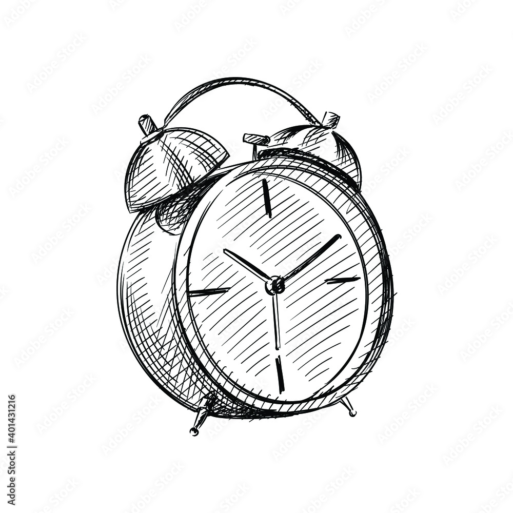 Hand drawn sketch of alarm clock on a white background. Black and white ...