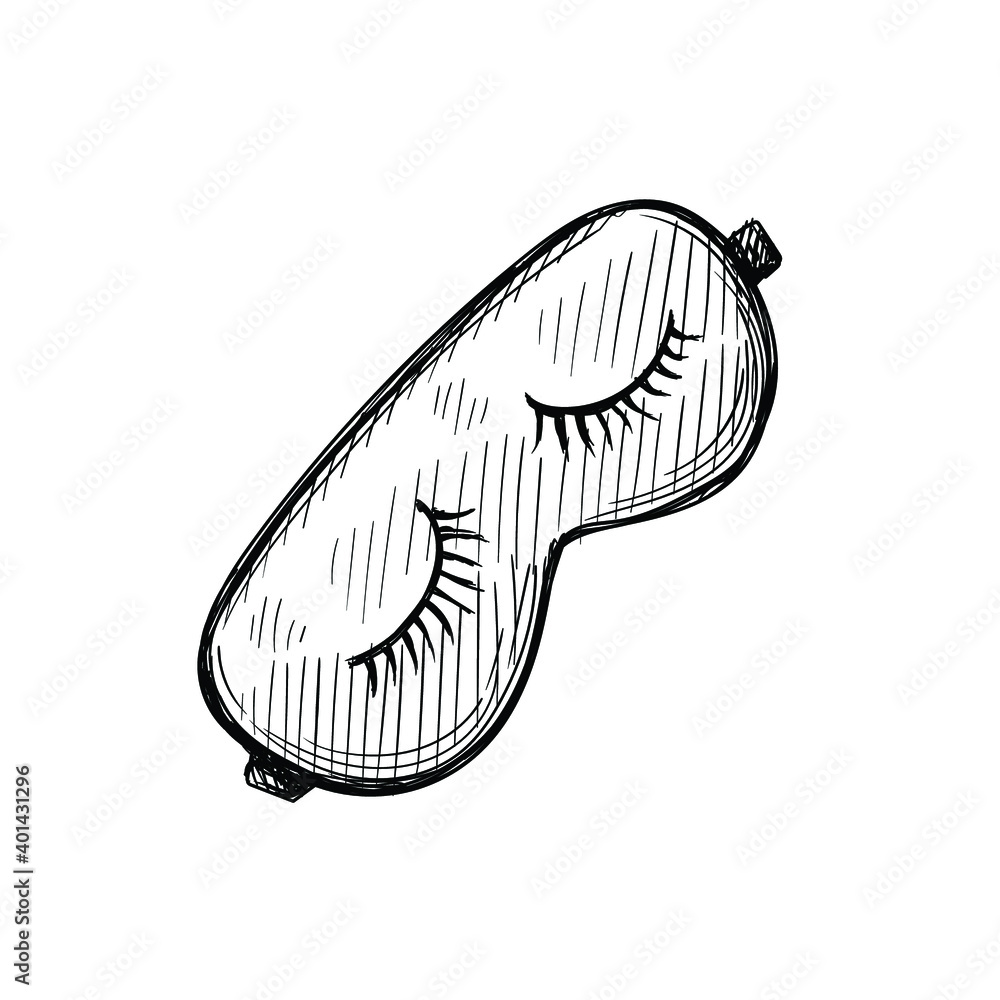 Hand drawn sketch of nighttime eye mask on a white background. Black ...