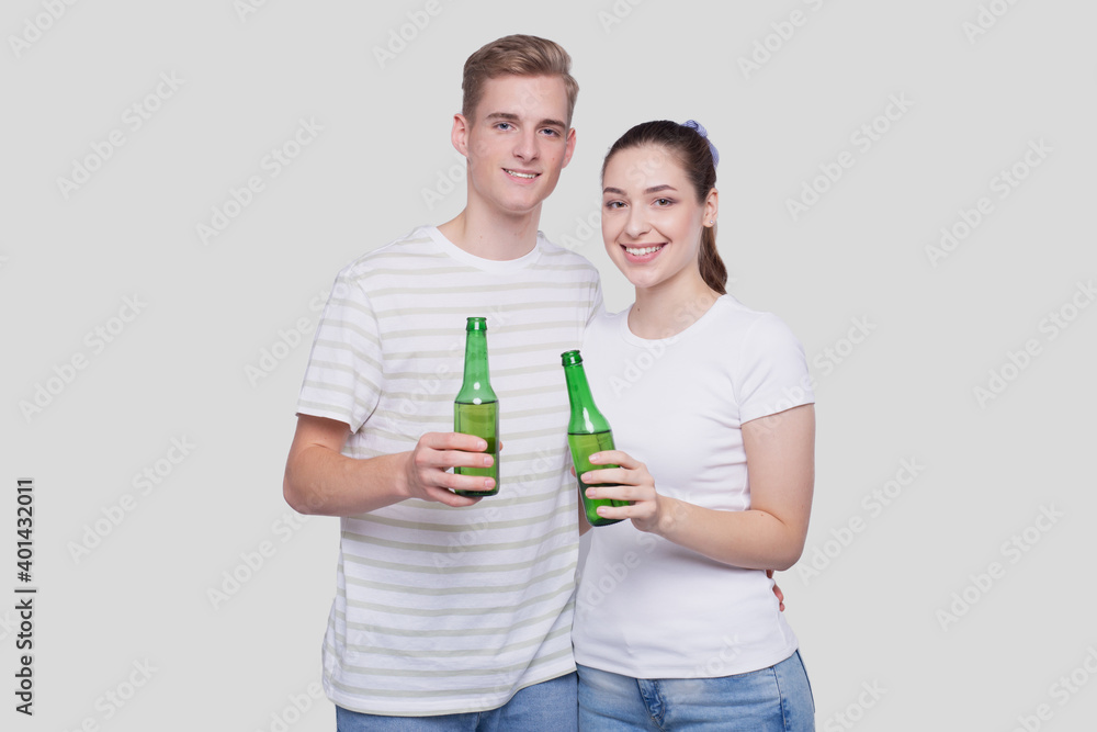 Couple Holding Beer Bottle Isolated. Couple Standing and Holding Beer ...