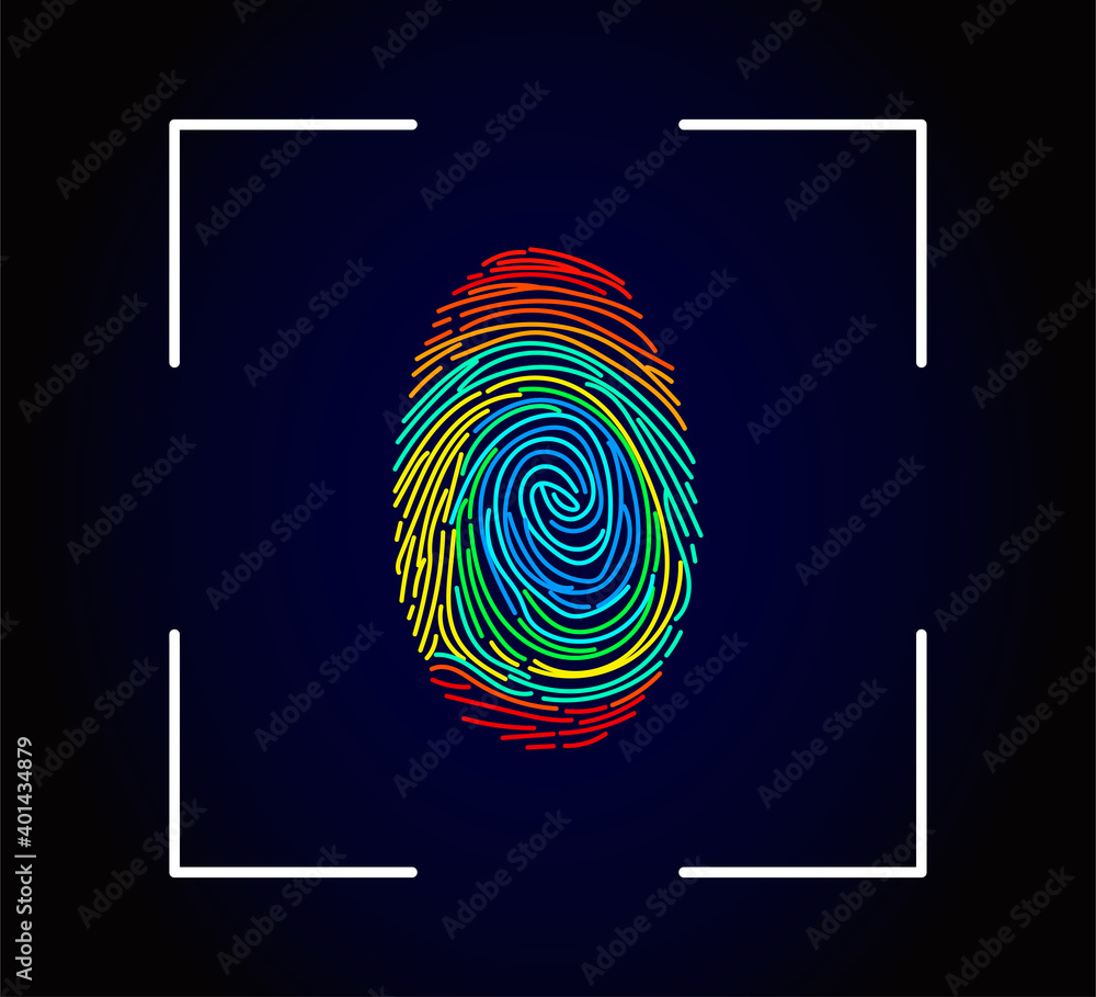 Editable vector outline image of rainbow fingerprint isolated on dark ...
