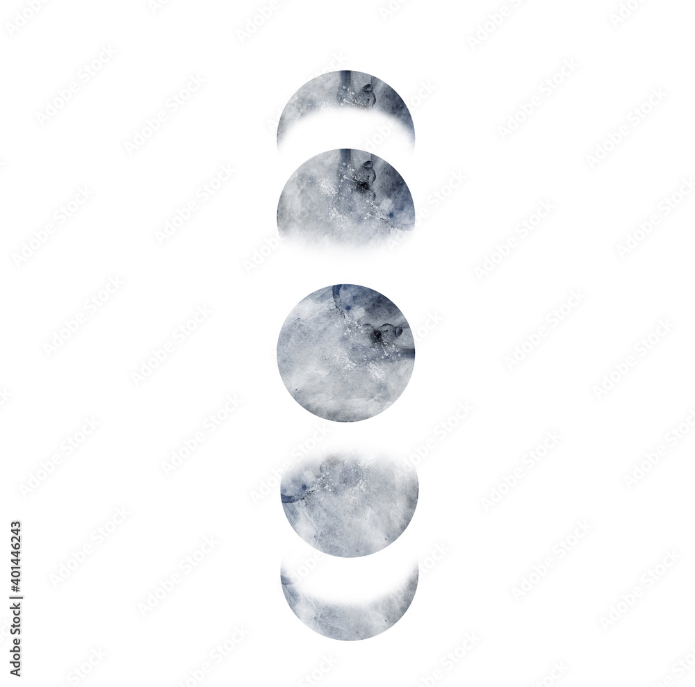 Watercolor moon phases clipart, celestial illustration set on whote ...