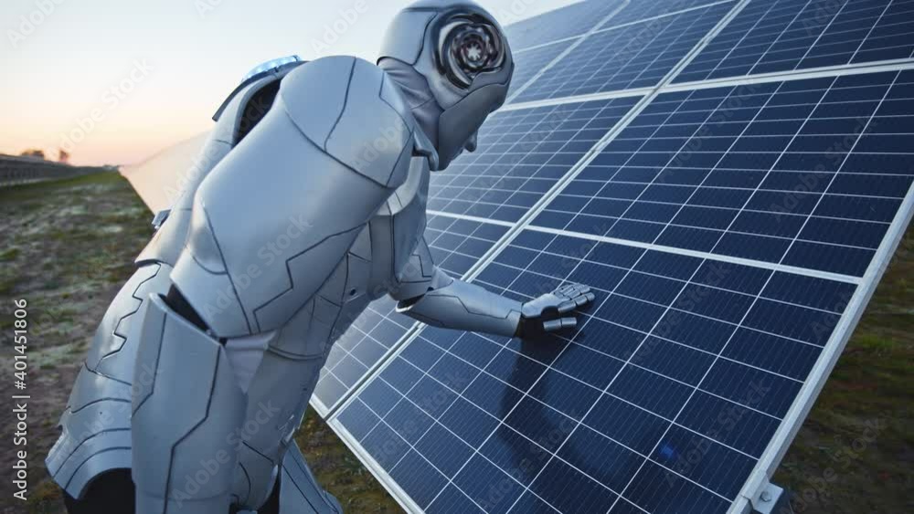 Smart robotic worker prototype droid controlling operation of sun while ...