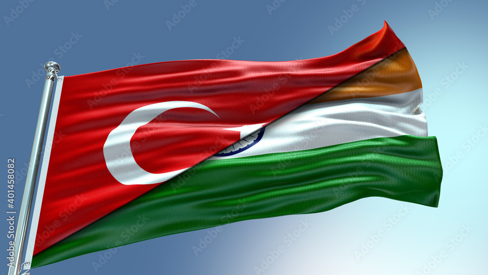 Double Flag Turkey vs India flag waving flag with texture background ...