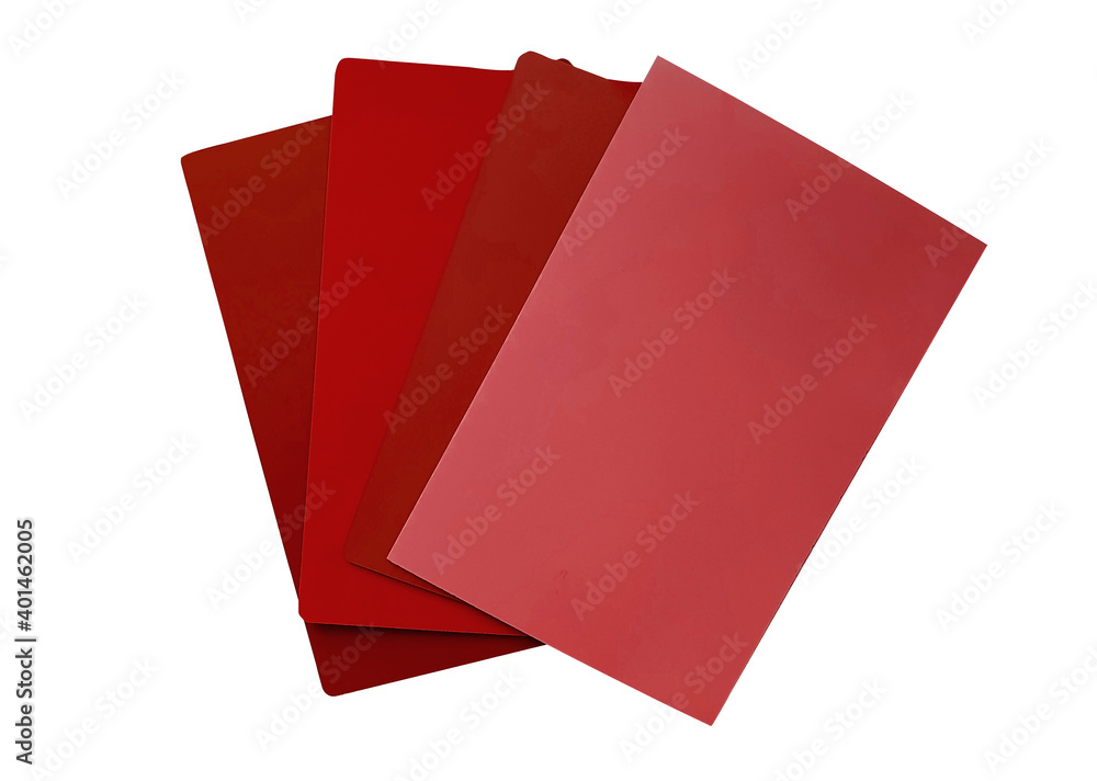 solid color laminated samples swatch in red shade variation isolated on ...