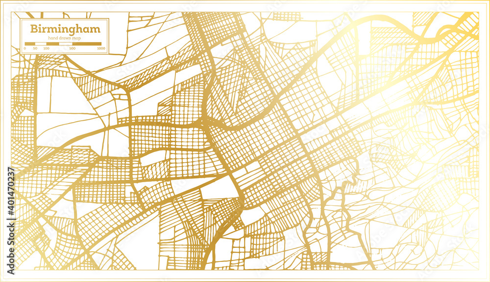 Birmingham Alabama USA City Map in Retro Style in Golden Color. Outline ...