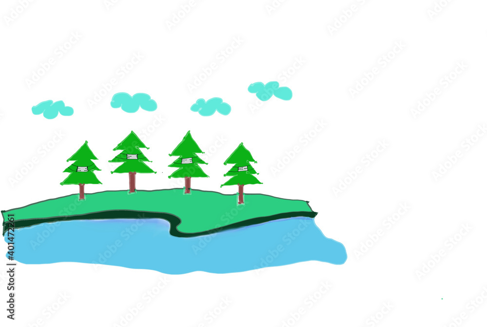 Draw Cartoon tree wearing face mask, safety distance, protect ...