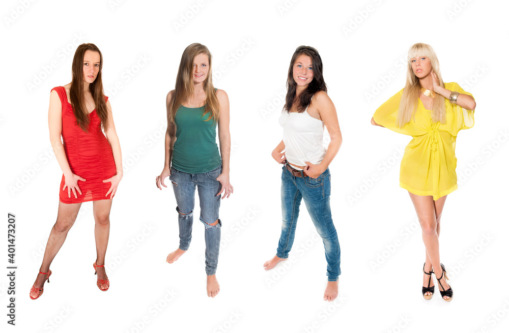 Full length portraits of four attractive young women wearing colorful ...