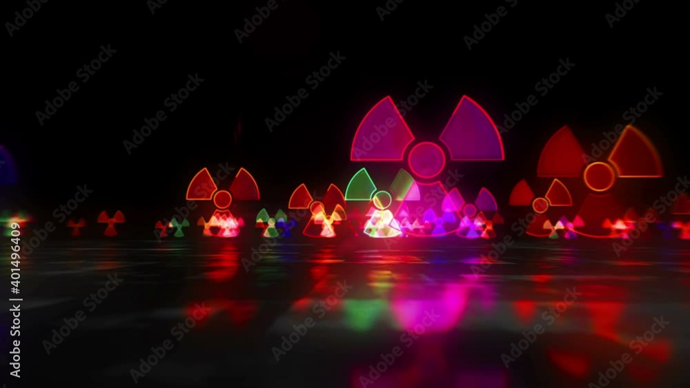 Nuclear warning symbol, radioactive danger neon sign and atomic energy ...