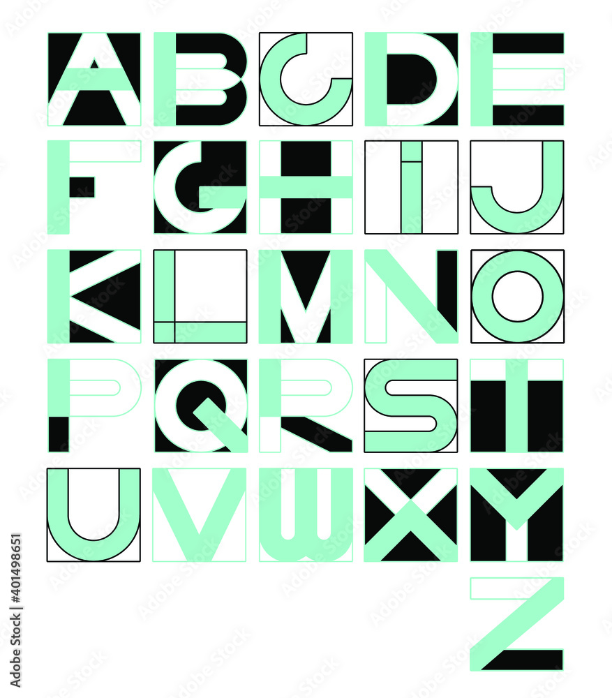 Original geometric font. Latin alphabet. The letters are written in a ...