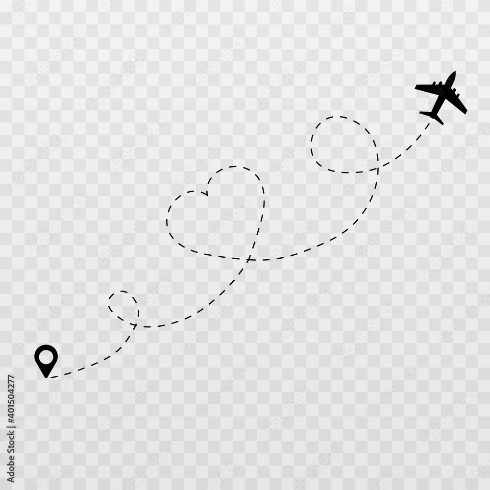 Vector dotted hearts. Honeymoon trip, honeymoon, airplane dotted tracks ...