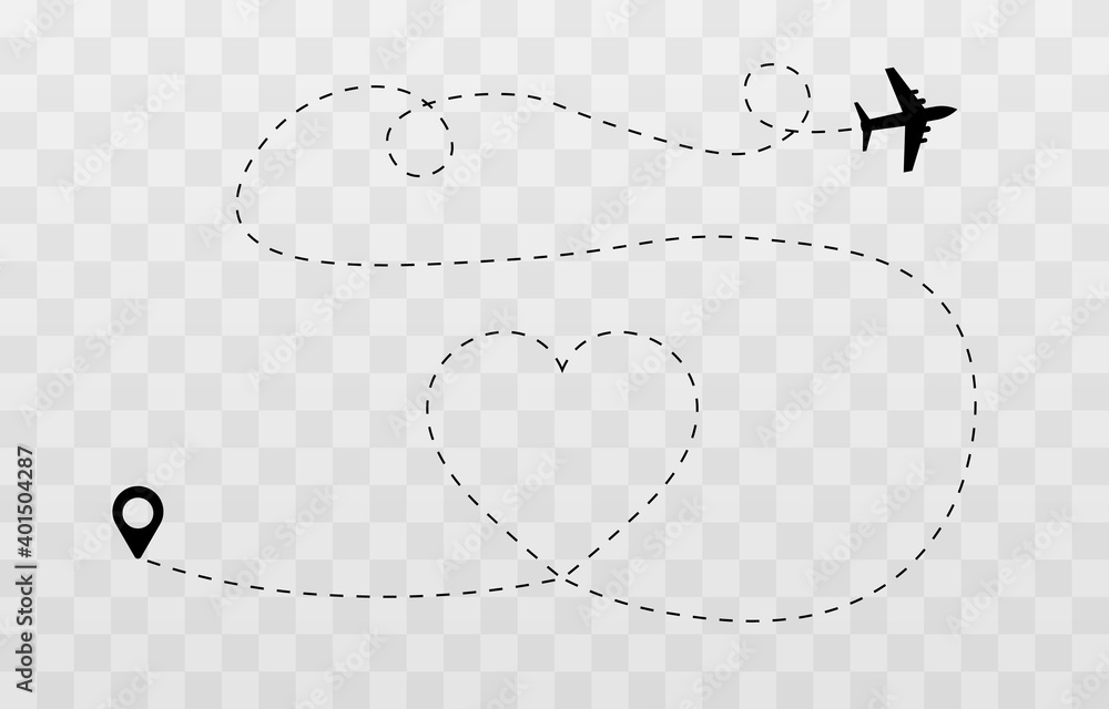 Vector dotted hearts. Honeymoon trip, honeymoon, airplane dotted tracks ...