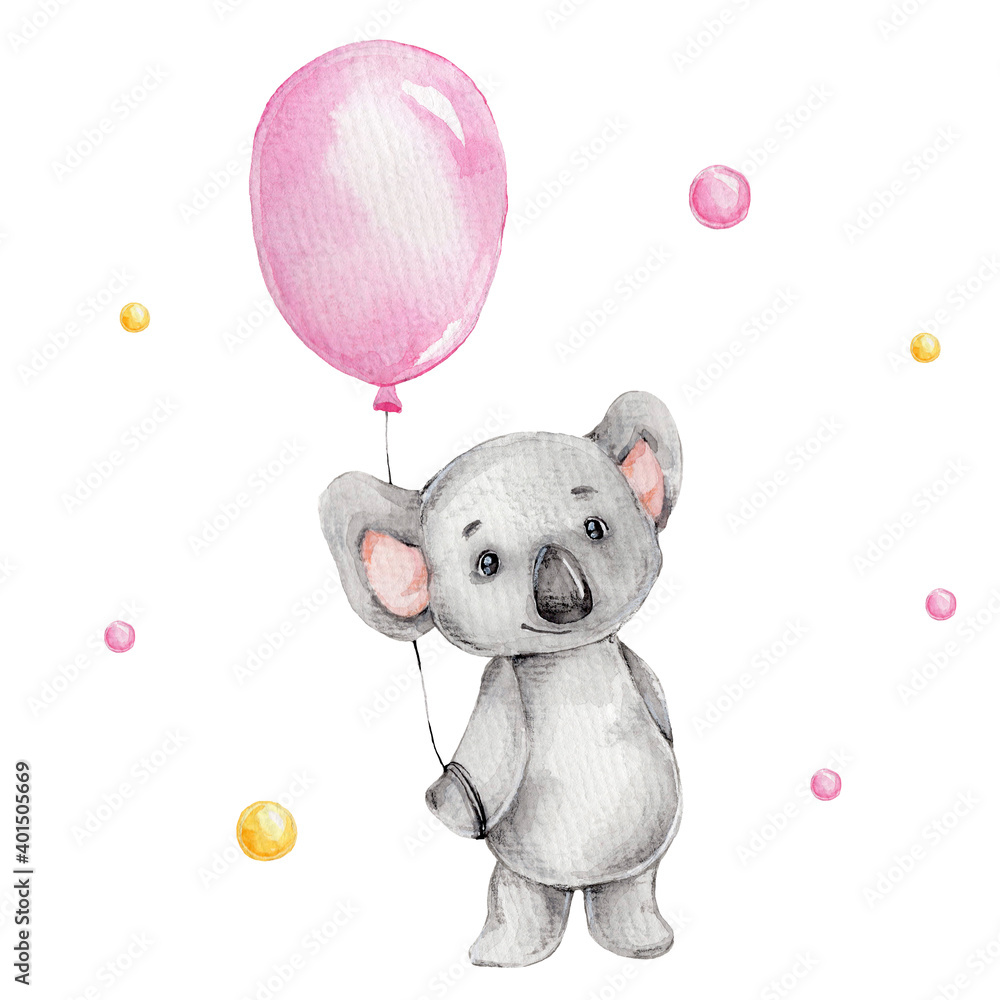 Koala girl with pink balloon; watercolor hand draw illustration; can be ...