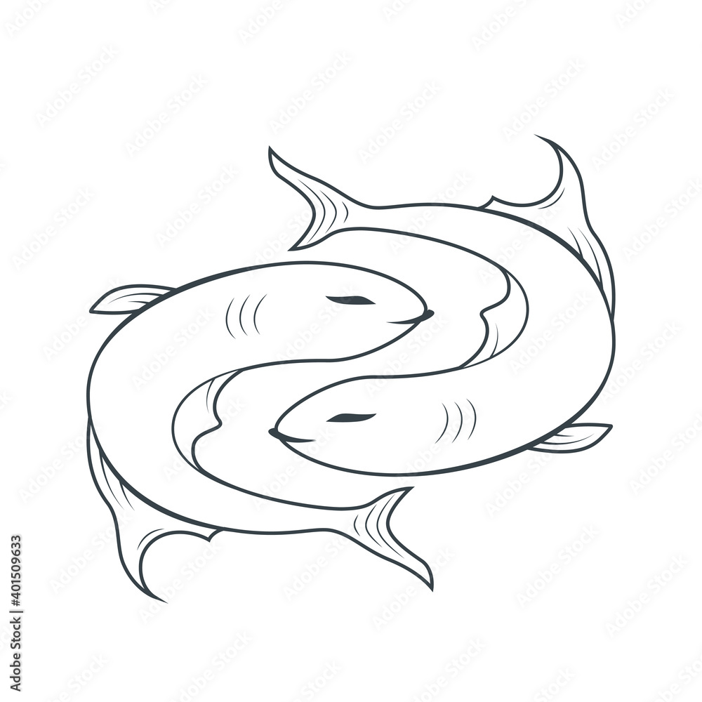 Black outline zodiac sign Pisces depicting two fish moving in opposite ...