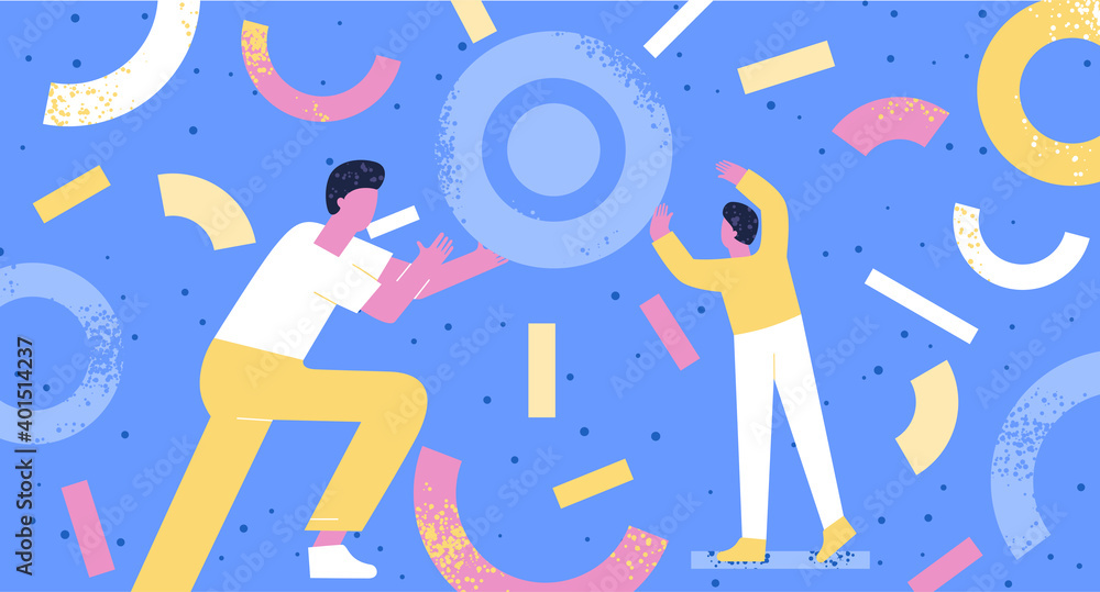 Teamwork of two men. Two people in space arrange abstract geometric ...