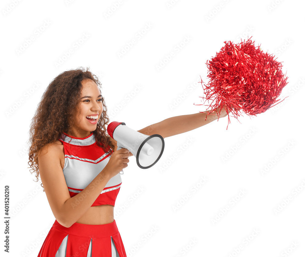 Beautiful young cheerleader with megaphone on white background Stock ...
