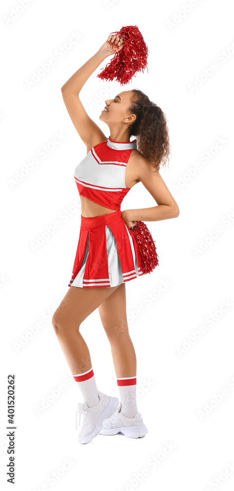 Beautiful young cheerleader on white background Stock Photo | Adobe Stock