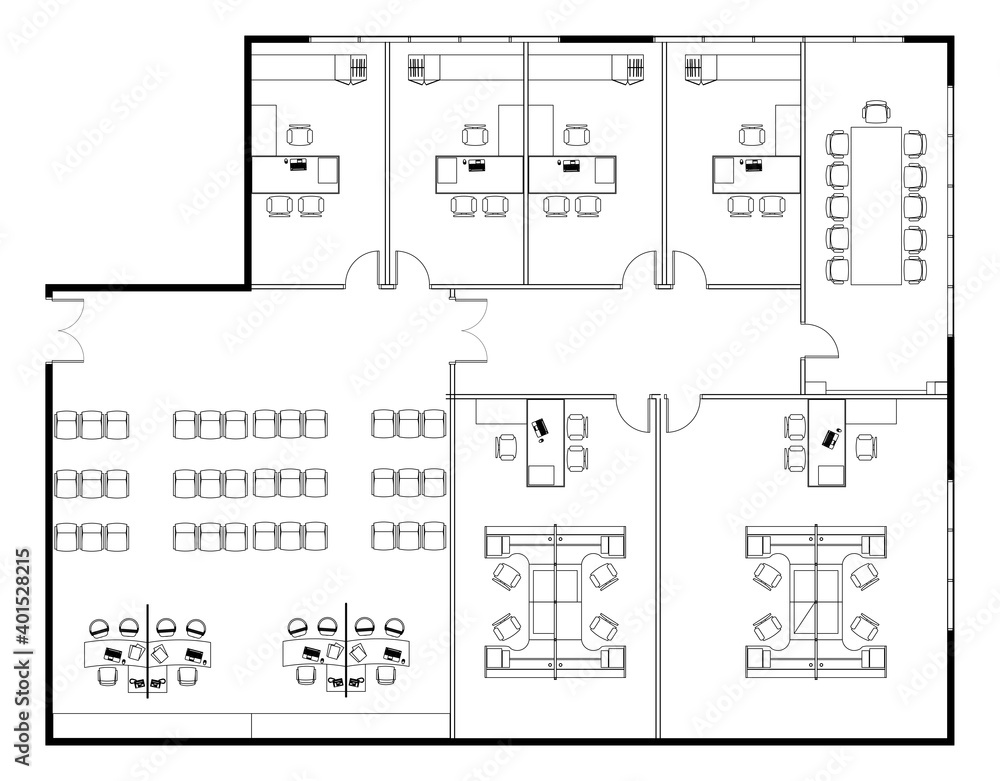 An office layout drawing complete with the office furniture in 2D CAD ...