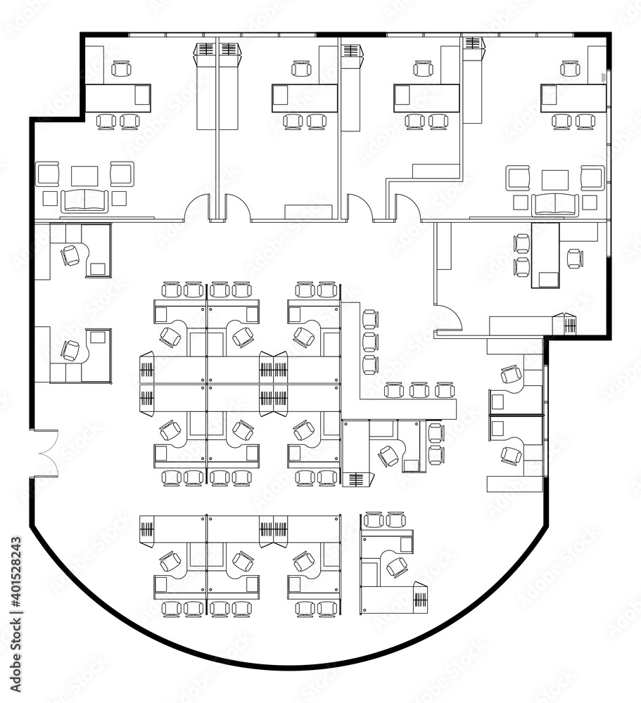An office layout drawing complete with the office furniture in 2D CAD ...