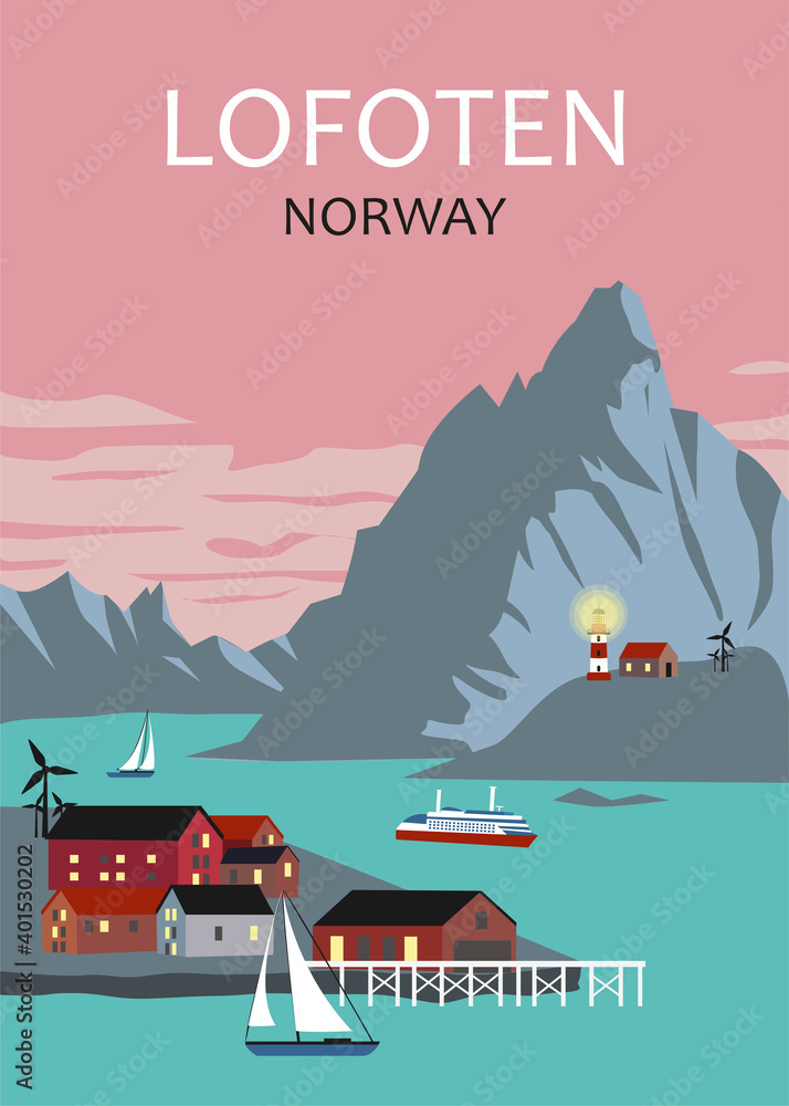 Lofoten islands Norway shore fjord vector poster Stock Vector | Adobe Stock