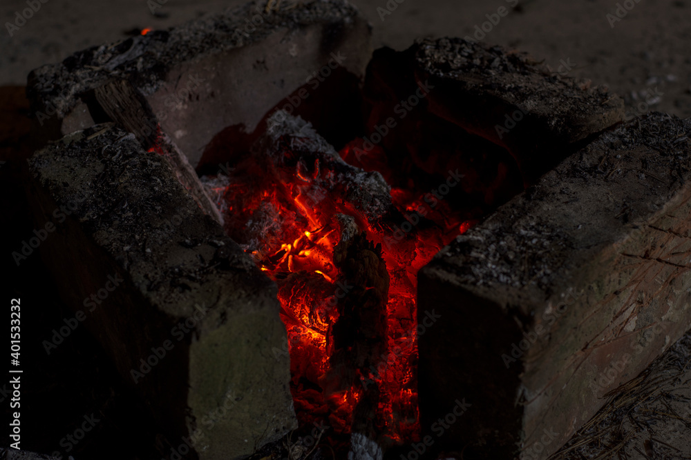 e wood fire flame at night, outdoor camp fire concept with dark ...