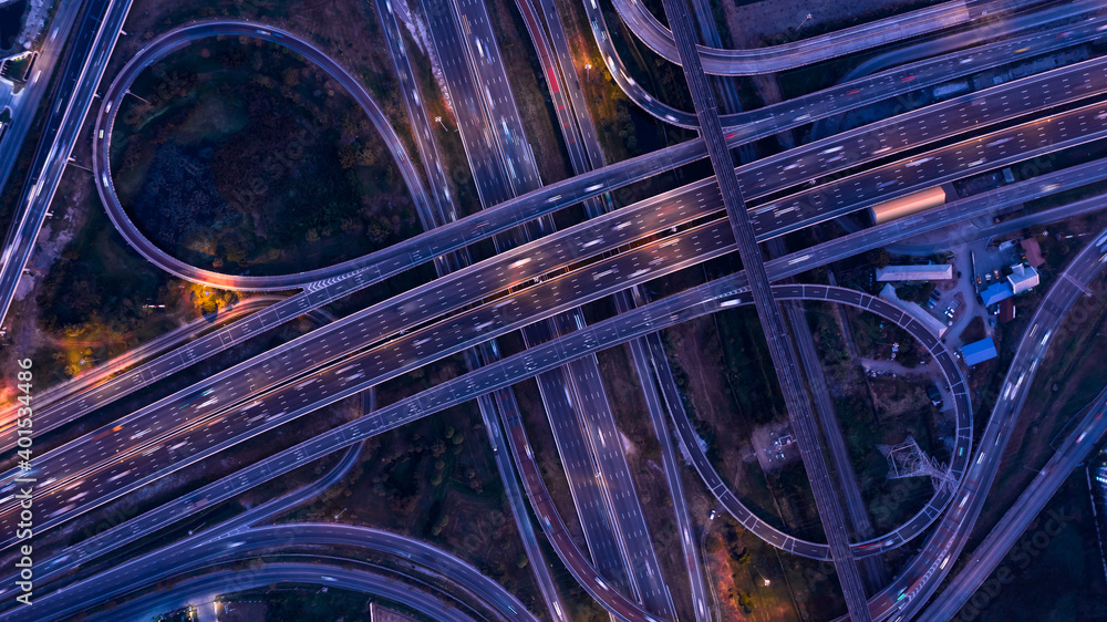 Aerial top view expressway transport traffic road with vehicle movement ...