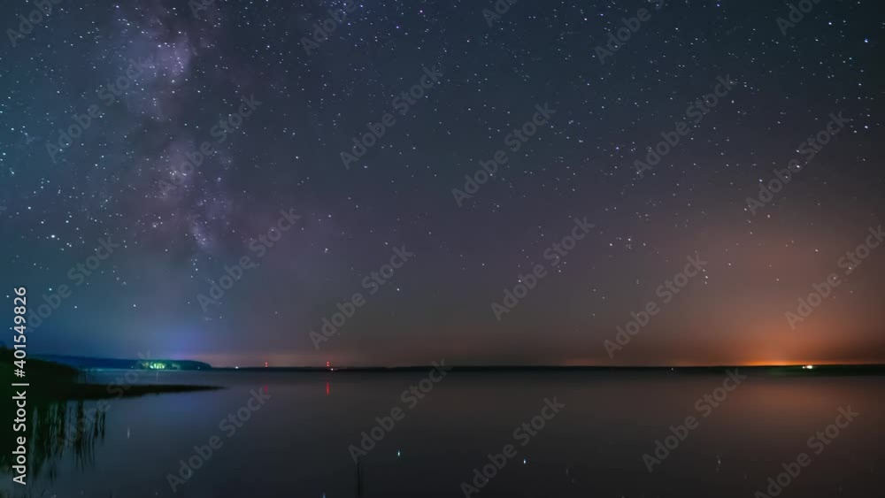 Starry night timelapse on a calm lake with flat water surface. Milky ...