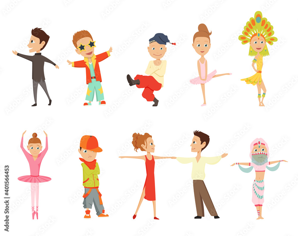 cartoon illustration of little graceful girls-dancer and happy hipster ...
