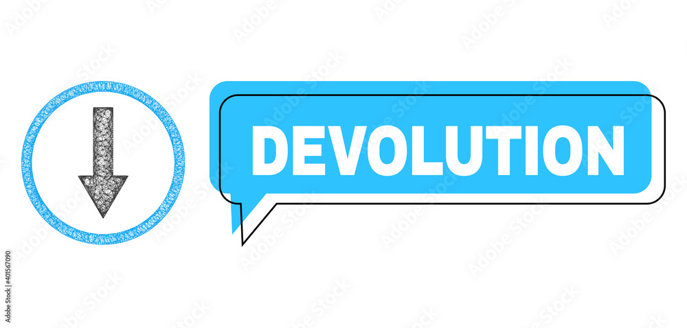 Speech Devolution blue bubble frame and wire frame down rounded arrow. Frame and colored area ...