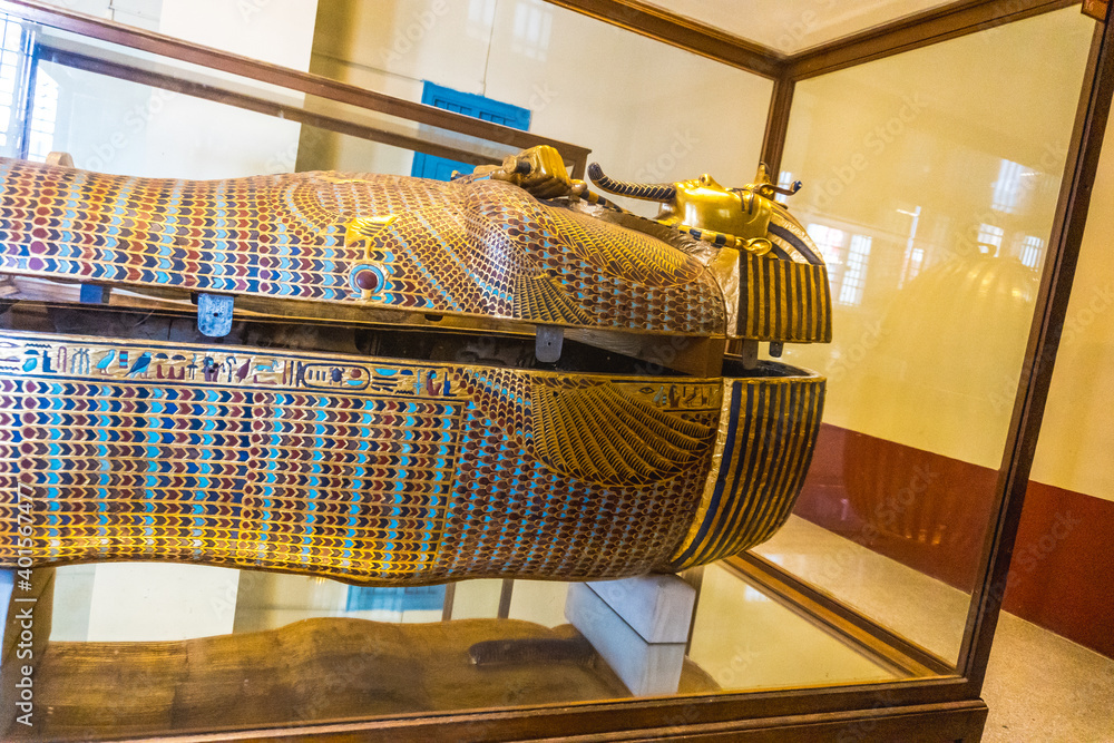 Cairo, Egypt, October 2020: The beautiful Egyptian sculptures of ancient Egyptian pharaohs in ...