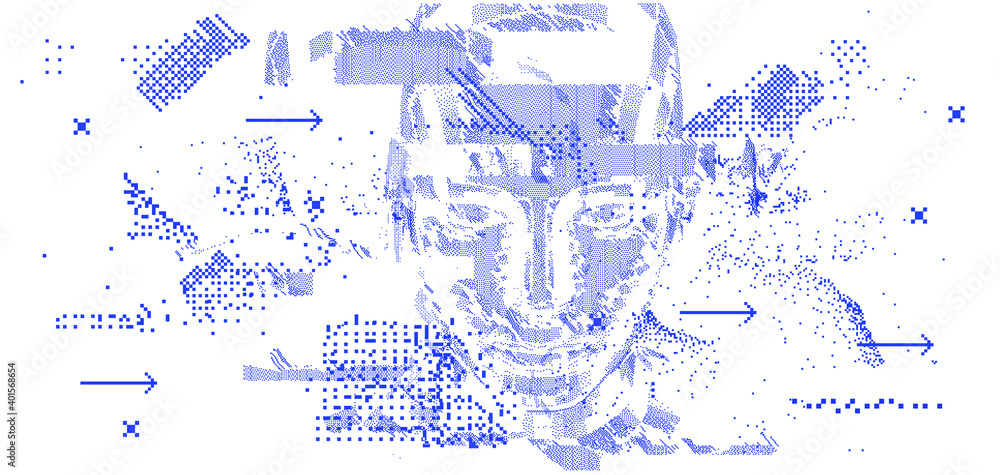 Android head made of pixels and particles. Artificial Intelligence ...
