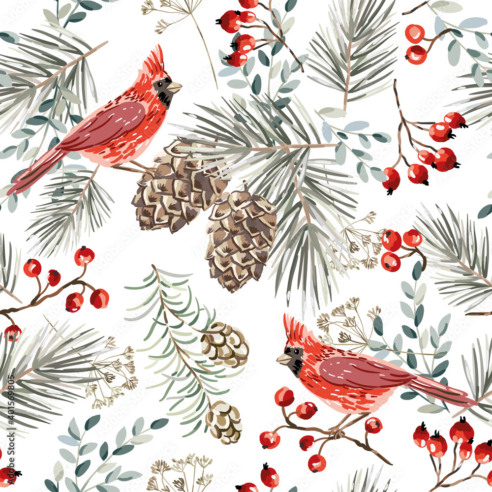 Christmas seamless pattern, cardinal birds, red berries, fir twigs ...