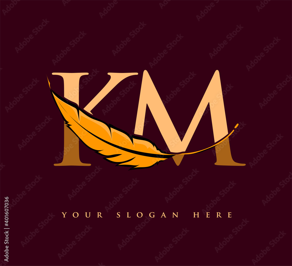 Initial letter KM logo with Feather Company Name, Simple and Clean ...